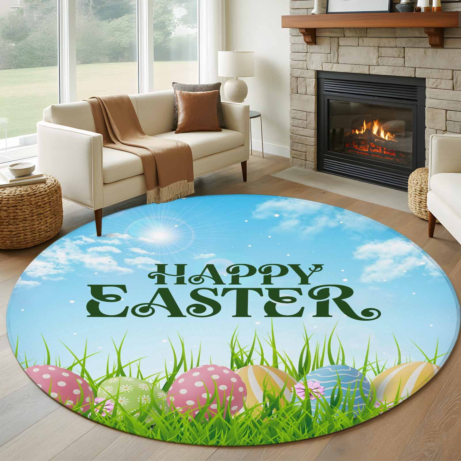 Blue Green Easter Round Rug 6ft Washable Circle Kitchen Rugs Non Slip ...