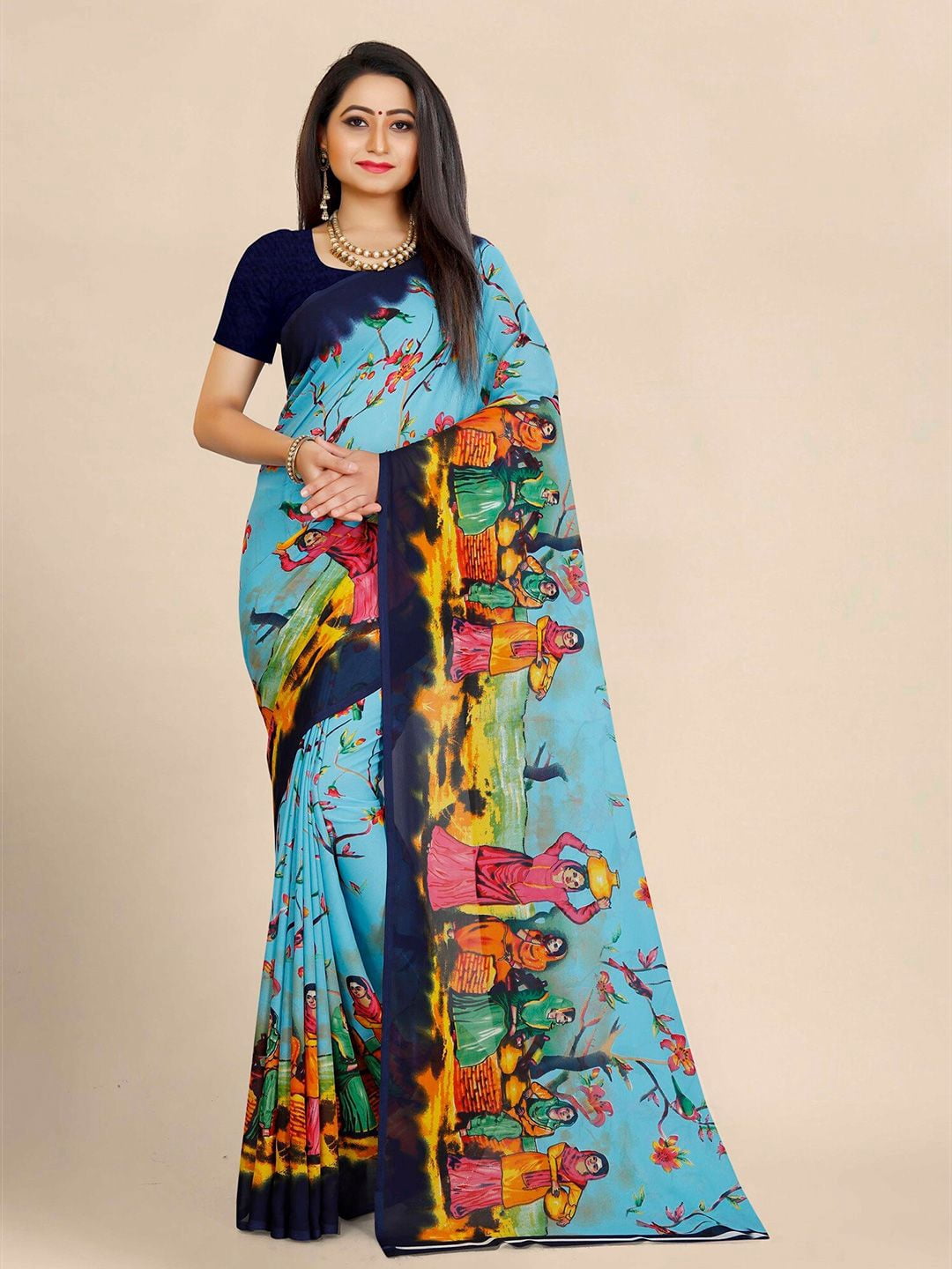 Blue & Green Ethnic Motifs Pure Georgette Block Print Saree - 17842840 ...