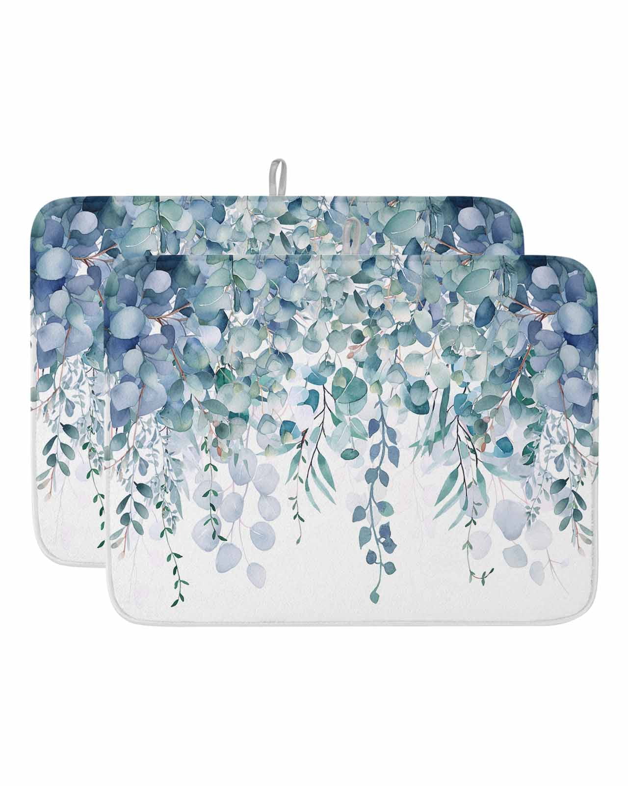 Blue Green Eucalyptus Dish Drying Mat, Watercolor Leaves Absorbent Dish ...