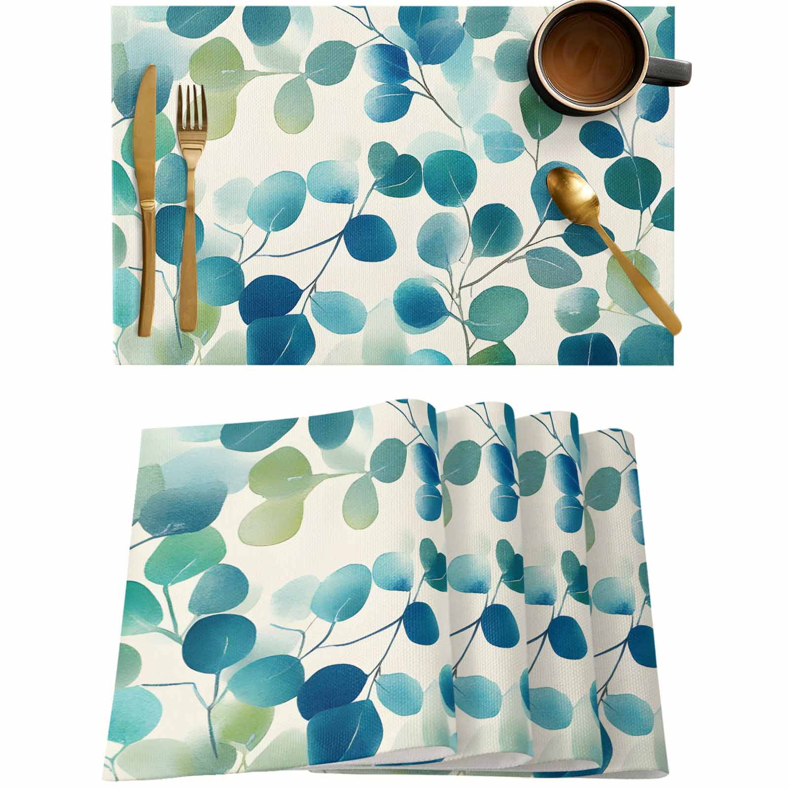Blue Green Eucalyptus Leaf Placemats Set of 4,Wipeable Washable Table Mats for Dining Tables ...