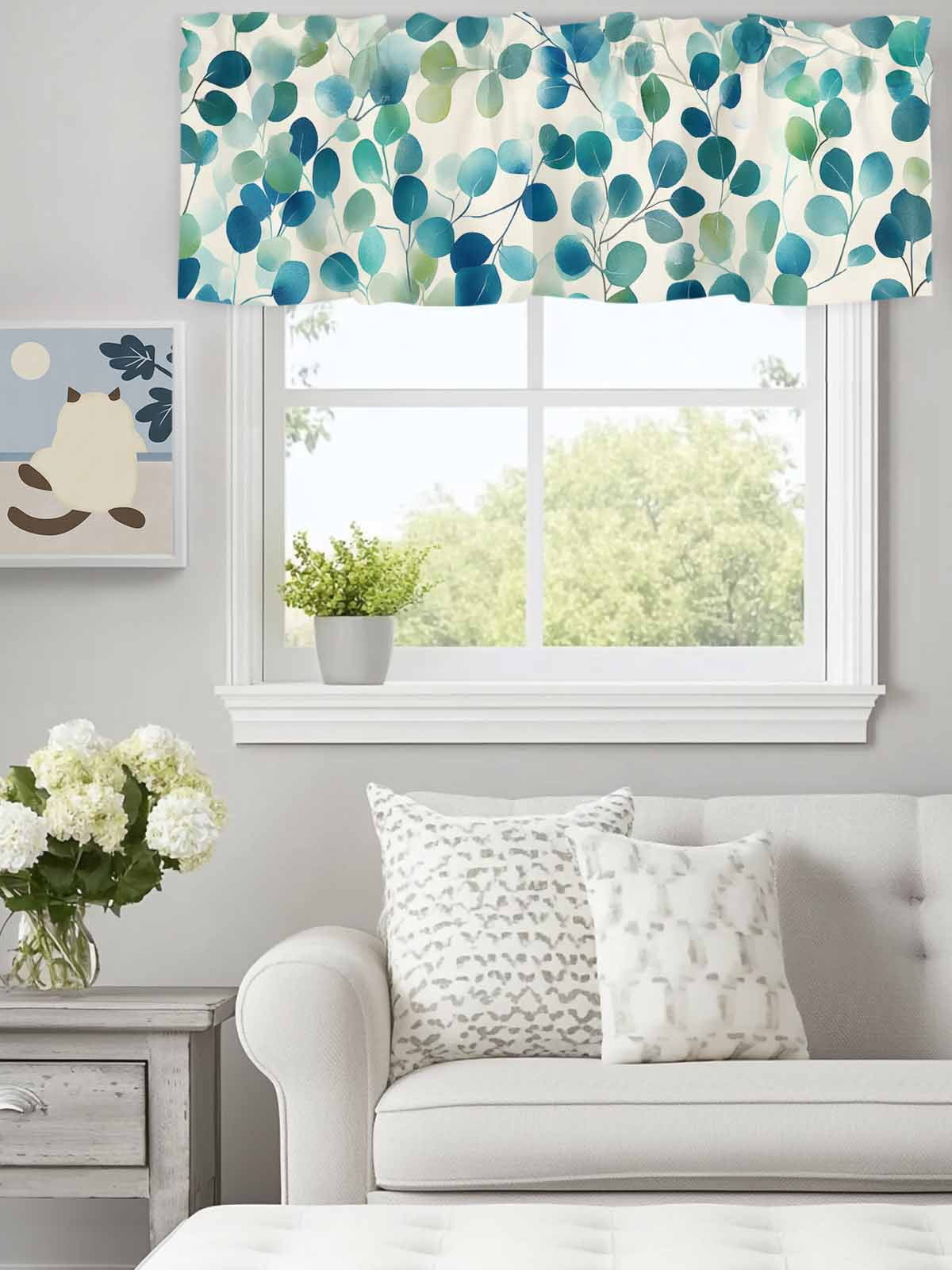 Blue Green Eucalyptus Leaf Valances for Windows,Kitchen Valance Rod ...