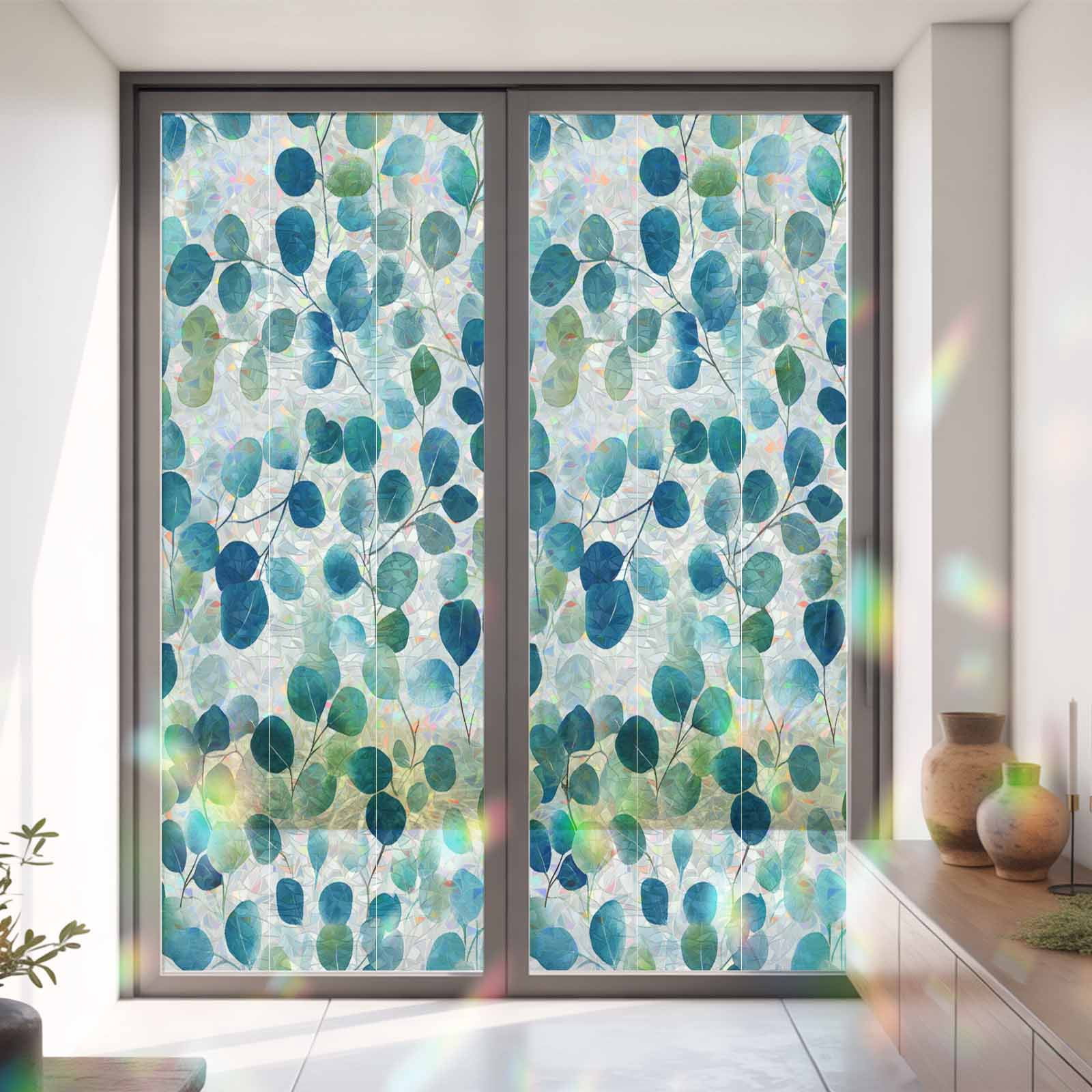 Blue Green Eucalyptus Leaf Window Privacy Film, Rainbow Film Decorative ...