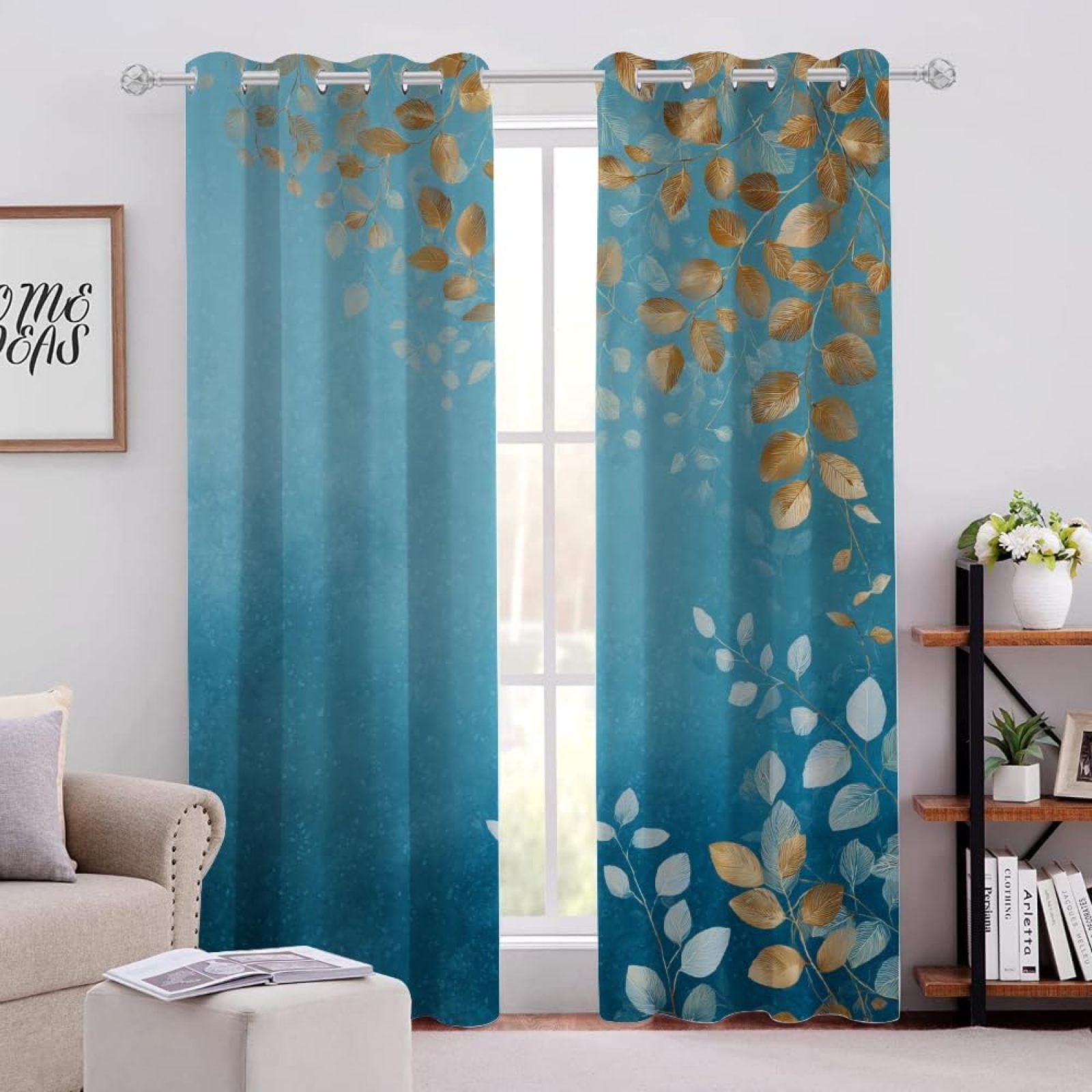 Blue-Green Eucalyptus Leaves Curtains, Navy Blue Vines Window Curtains ...