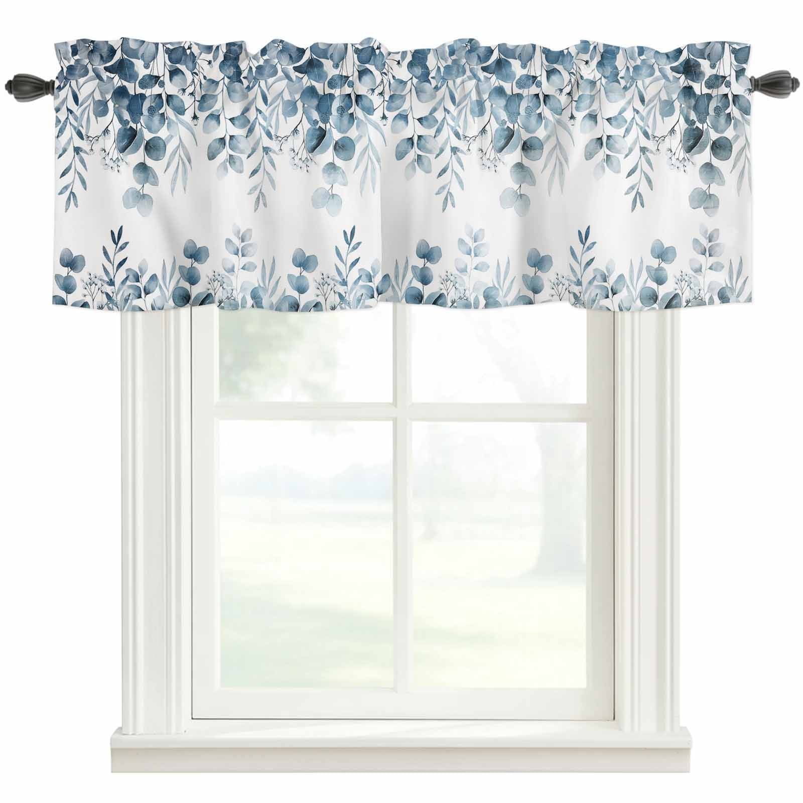 Blue Green Eucalyptus Leaves Farmhouse Short Window Curtain Valances ...