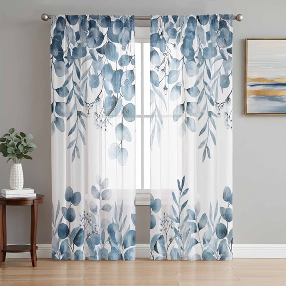 Blue Green Eucalyptus Leaves Semi Sheer Curtains 96 Inch Length 2 ...
