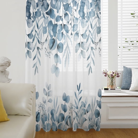 Blue Green Eucalyptus Leaves Sheer Curtains 45 Inch Length, Light ...