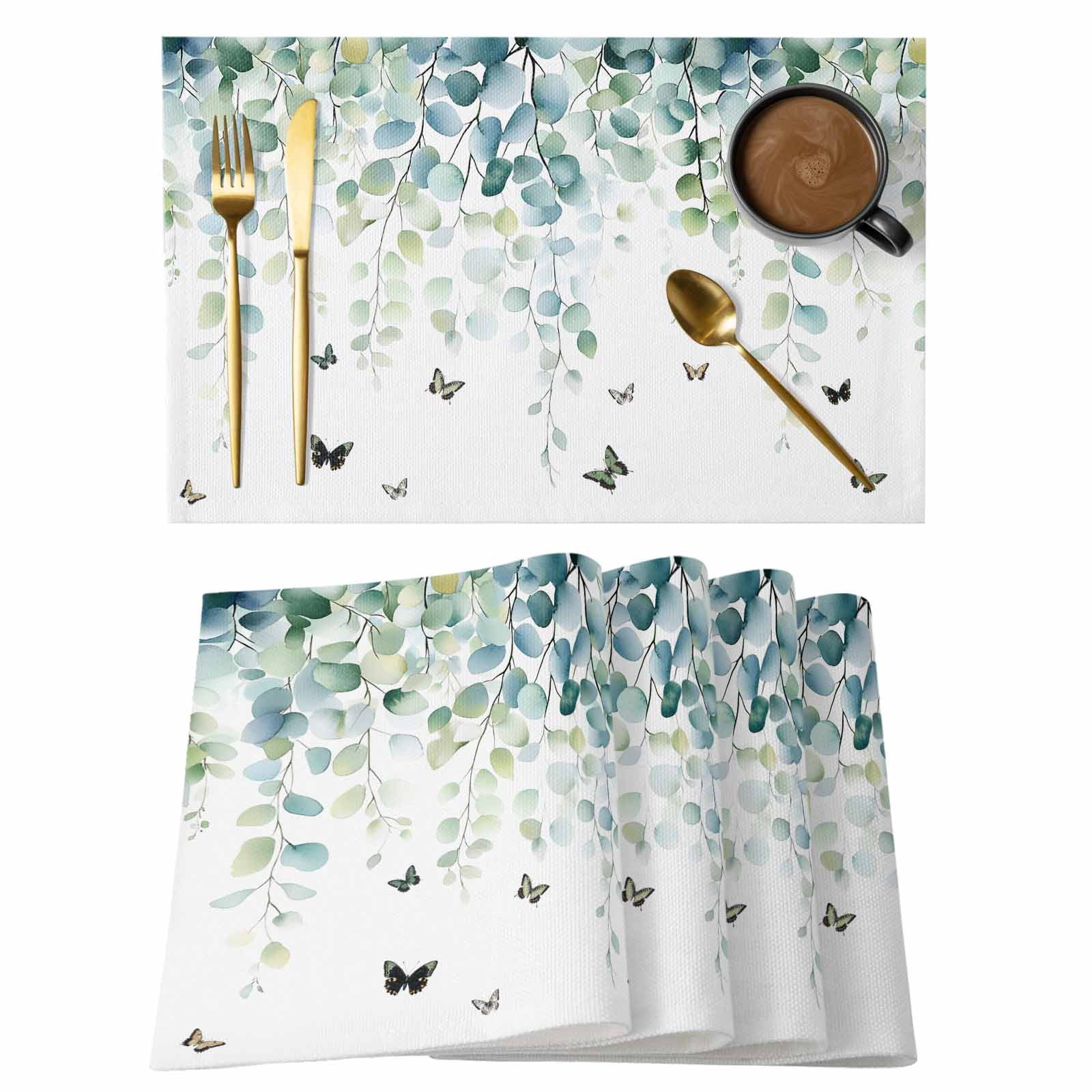 Blue Green Eucalyptus Placemats Set of 8, Cotton Linen Fabric Place ...