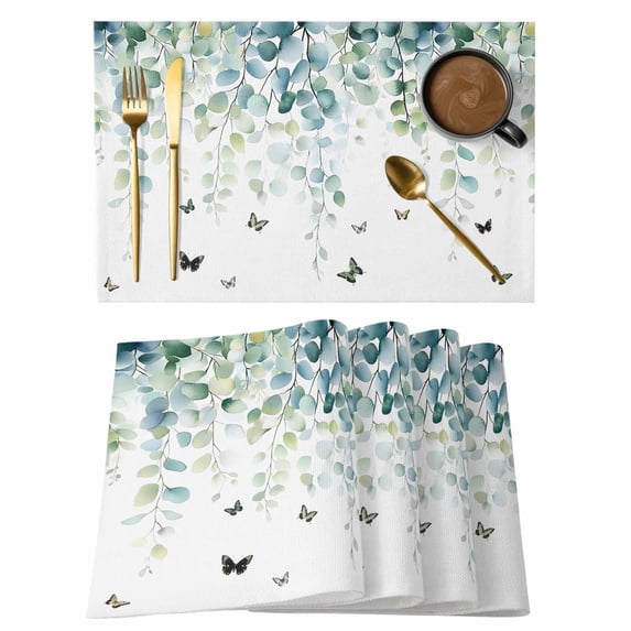 Blue Green Eucalyptus Placemats Set of 8, Cotton Linen Fabric Place ...