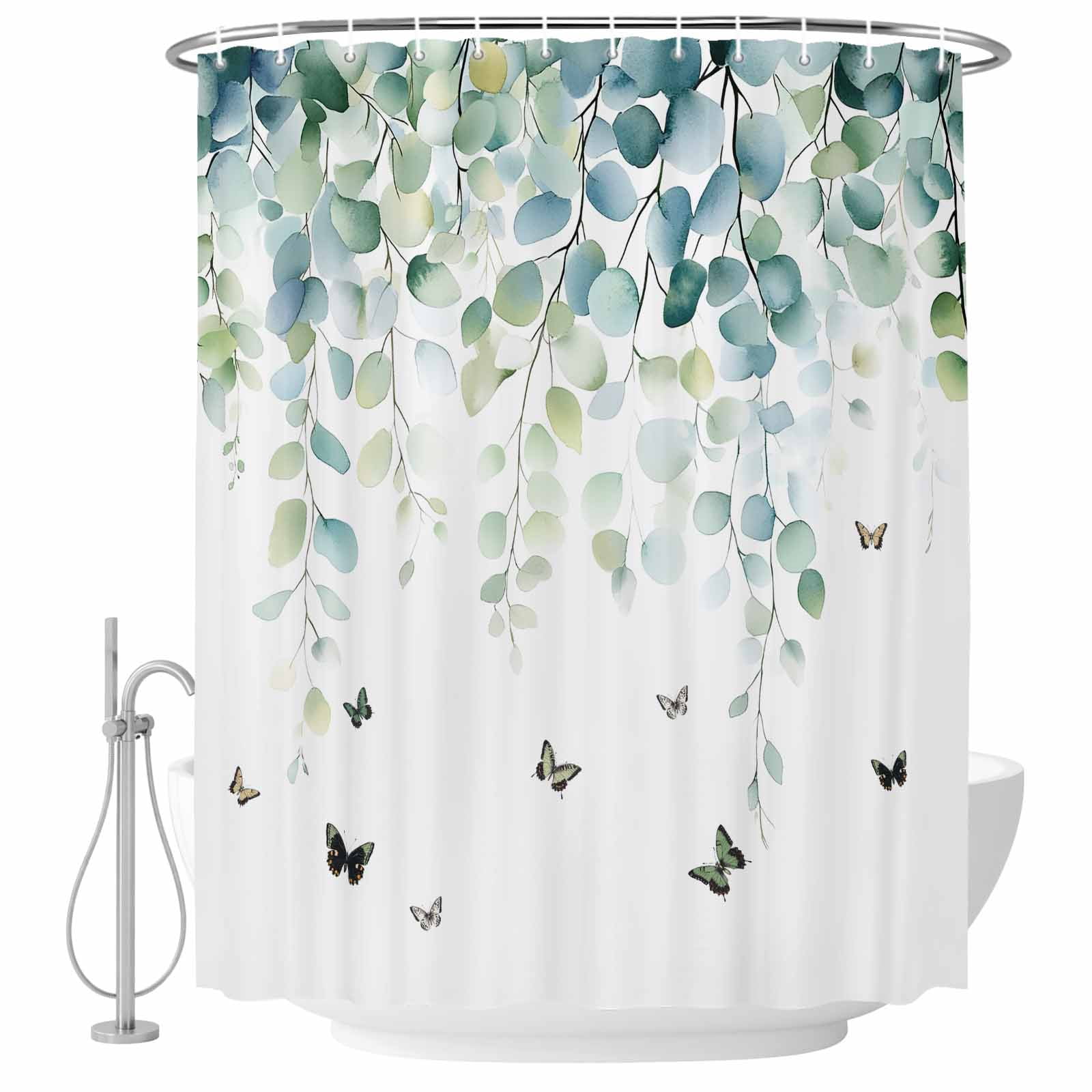 Blue Green Eucalyptus Shower Curtain, Sage Gradient Leaves Butterfly ...