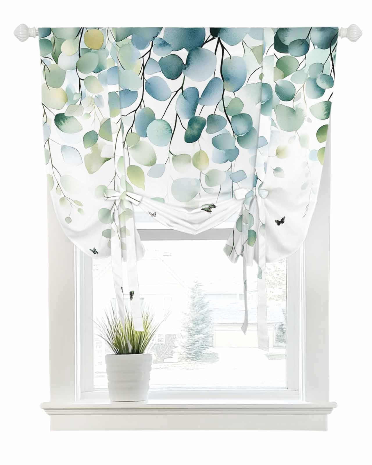 Blue Green Eucalyptus Tie Up Curtains for Window, Thermal Insulated ...