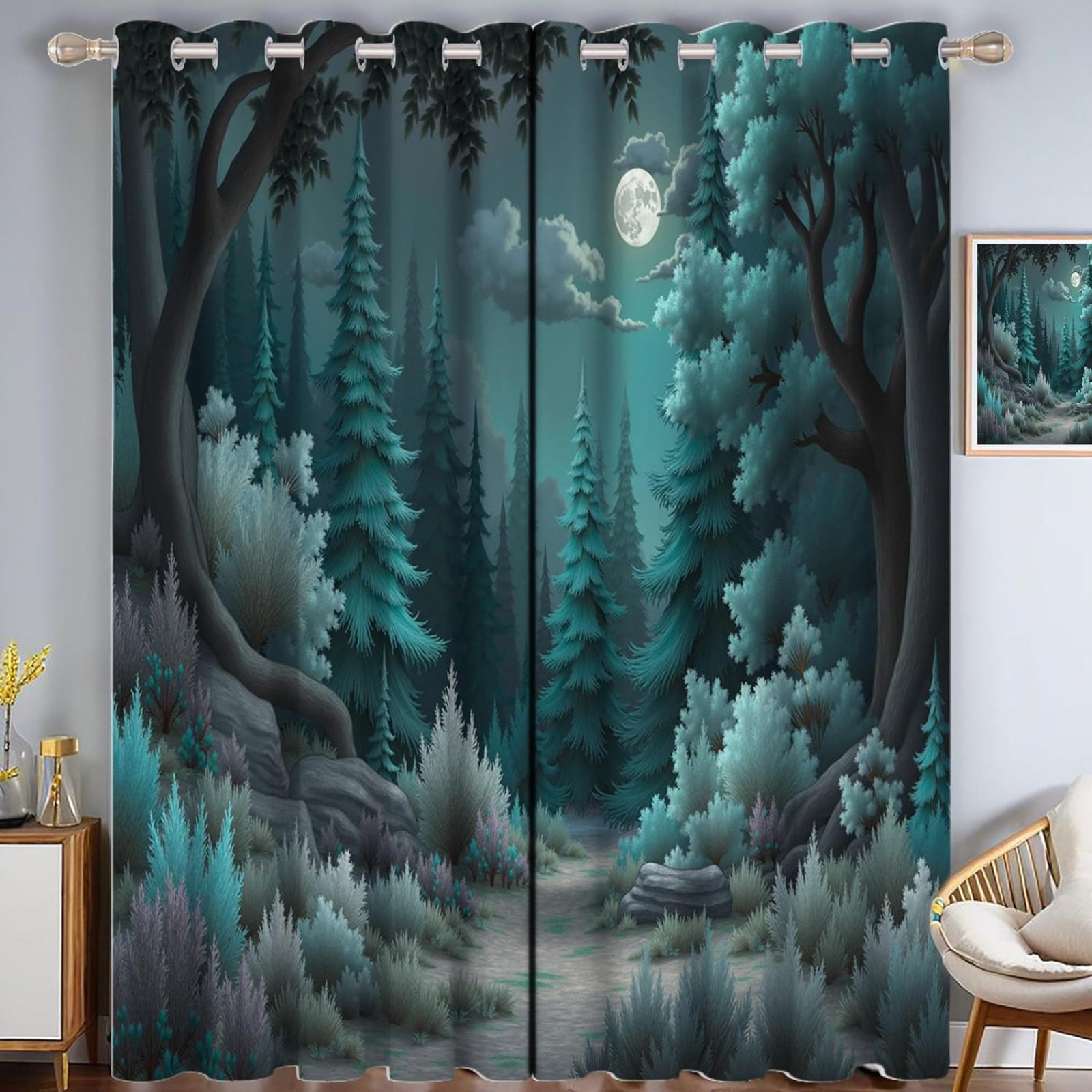 Blue-Green Fantasy Forest Style Curtains & Drapes, Grommet,Moonlight ...