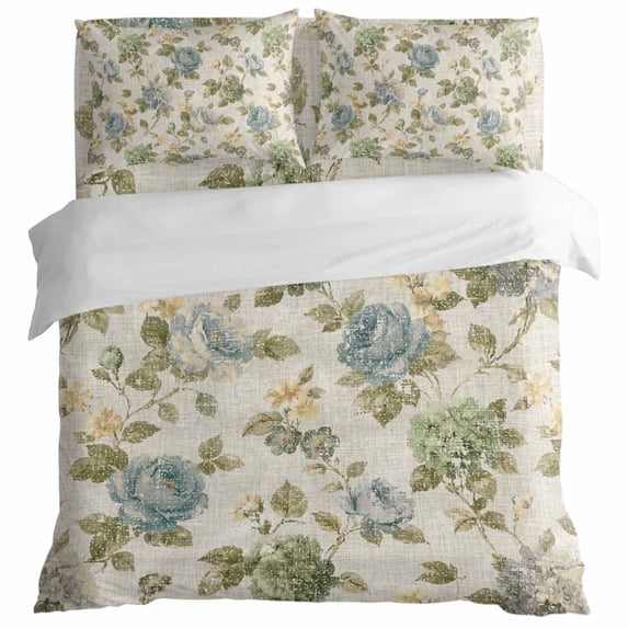 Blue Green Farm Flowers Full Size Bed Set,Retro Floral Art Bedding for ...