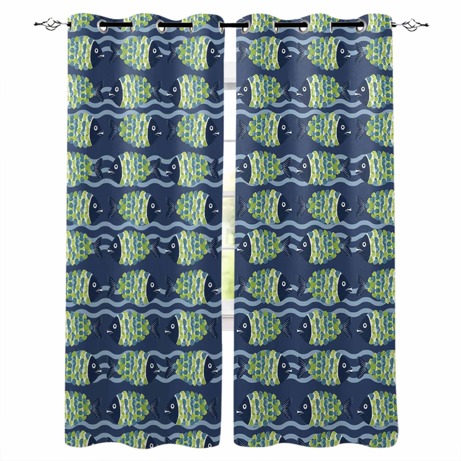 Blue Green Fish Blackout Curtains for Bedroom Living Room Darkening ...