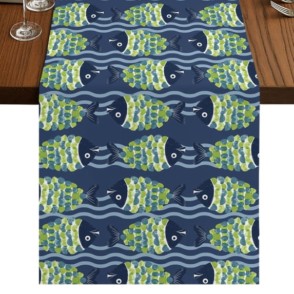 Blue Green Fish Burlap Cotton Table Runner 13x60 Inches Long, Animals ...
