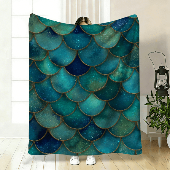 Blue Green Fish Scale Pattern Flannel Throw Blanket, Fantasy Underwater ...