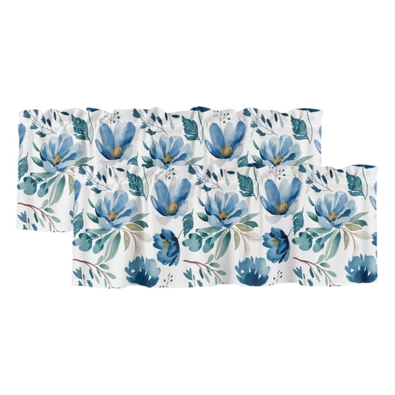 Blue Green Floral 2 Panels Kitchen Valance, Vintage Watercolor Pastoral ...