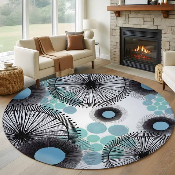 Blue Green Floral 8FT Round Area Rugs for Living Room Boho Abstract ...