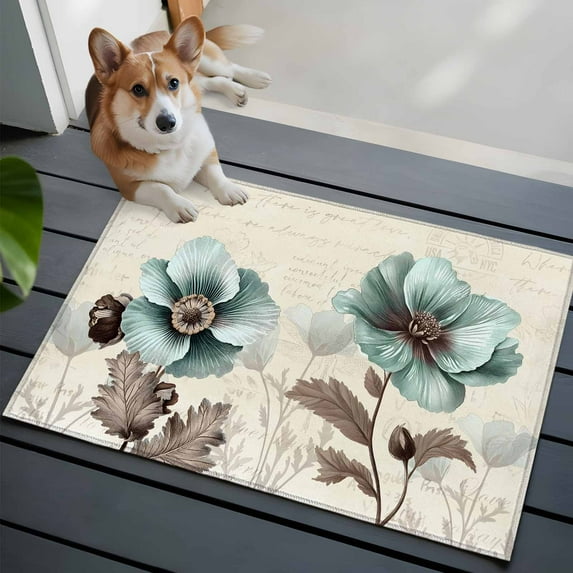 Blue Green Floral Bathroom Mat 2x3 FT, Non Slip Small Kitchen Mat ...