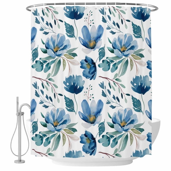 Blue Green Floral Bathroom Shower Curtains with Hooks, Vintage ...