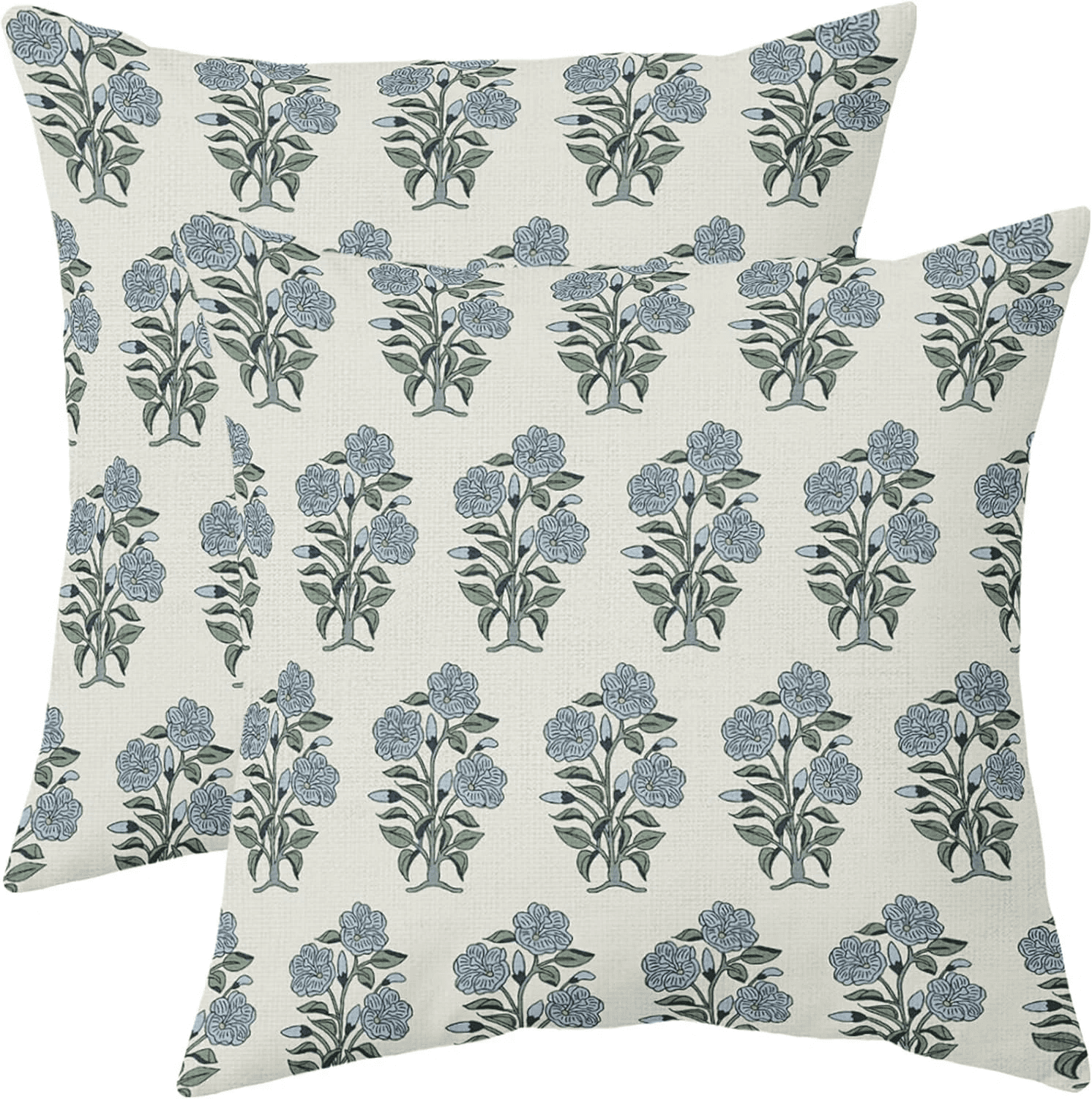 Blue Green Floral Block Print Pillow Covers 16x16 Set of 2 Chinoiserie ...