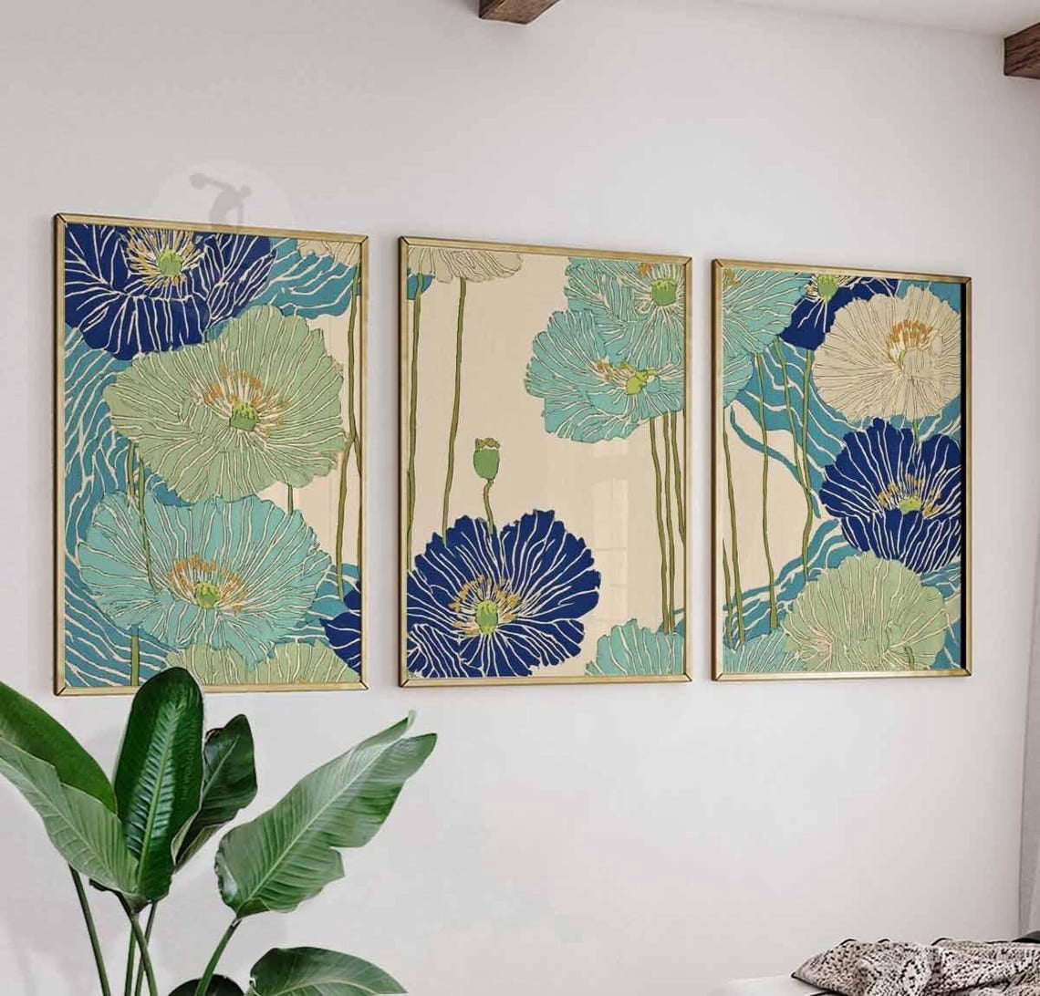 Blue Green Floral Botanical Wall Art Set 3 Unframed Paper Print 20x30 ...