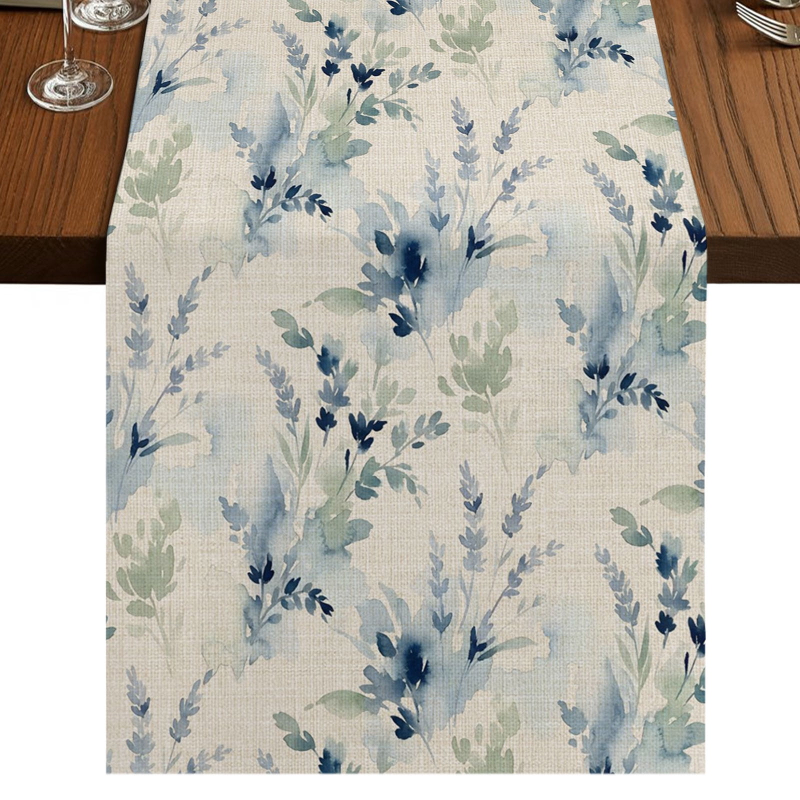 Blue Green Floral Burlap Cotton Table Runner 13x60 Inches Long, Retro ...