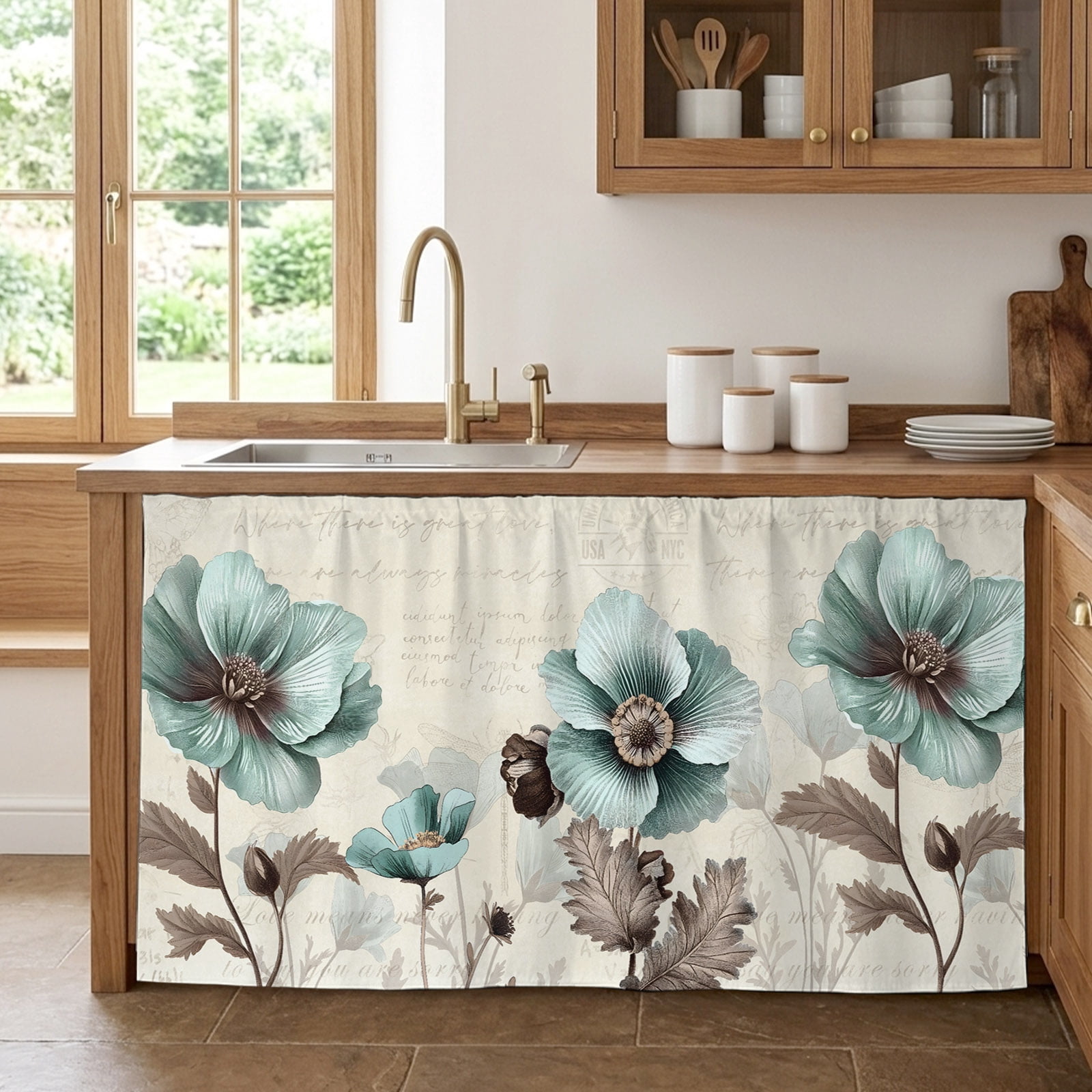 Blue Green Floral Cabinet Curtain 28"Wx51"L,Dustproof Storage Cabinet ...