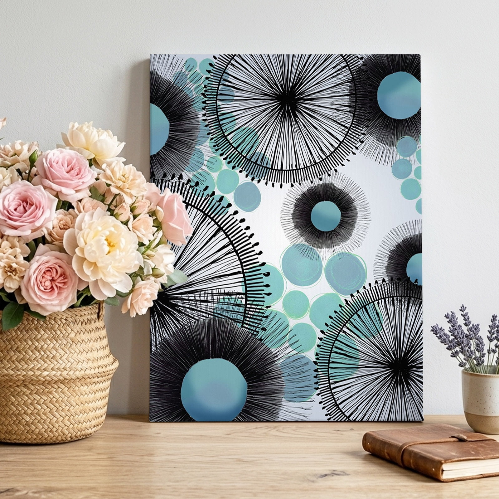 Blue Green Floral Canvas Wall Art for Living Room, Boho Abstract Floral ...