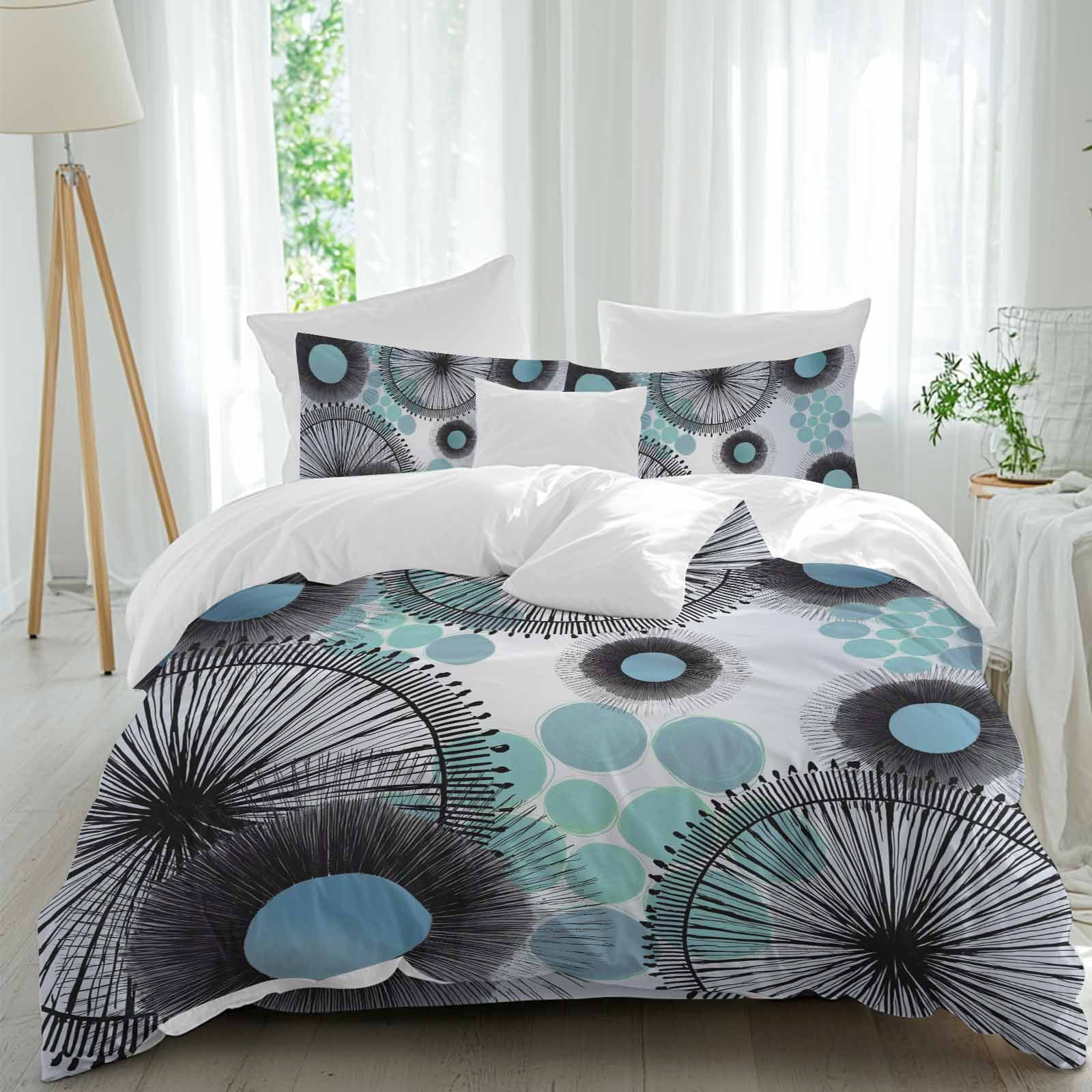 Blue Green Floral Comforter Set Queen Size, Boho Abstract Floral Teal ...