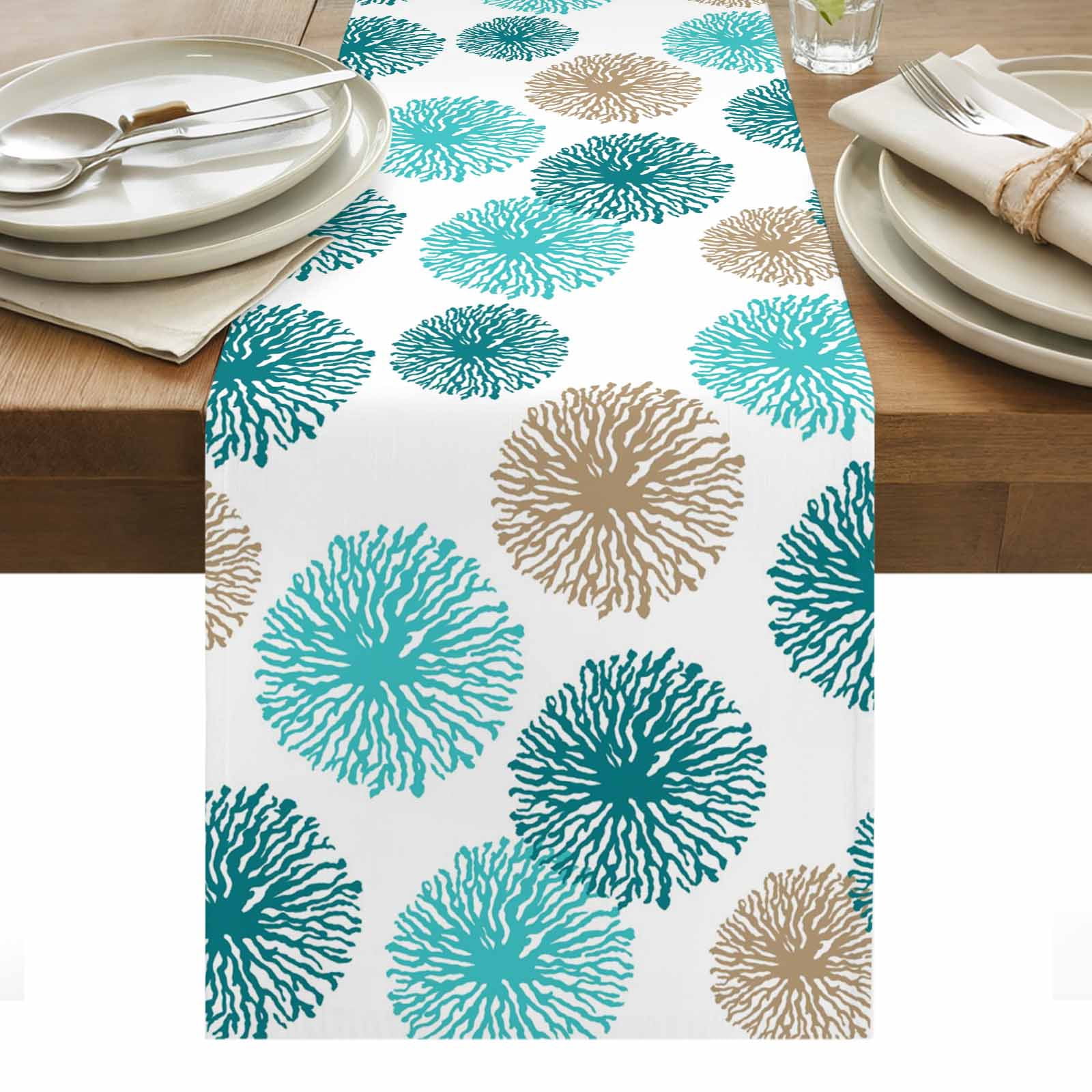 Blue Green Floral Cotton Linen Table Runner Modern Blue Green Khaki ...