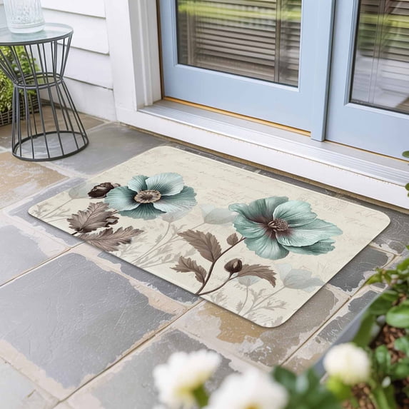 Blue Green Floral Door Mat Indoor Outdoor, Spring Summer Mallow Flowers ...