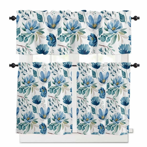 Blue Green Floral Kitchen Curtains Valance and Tier Set Vintage ...
