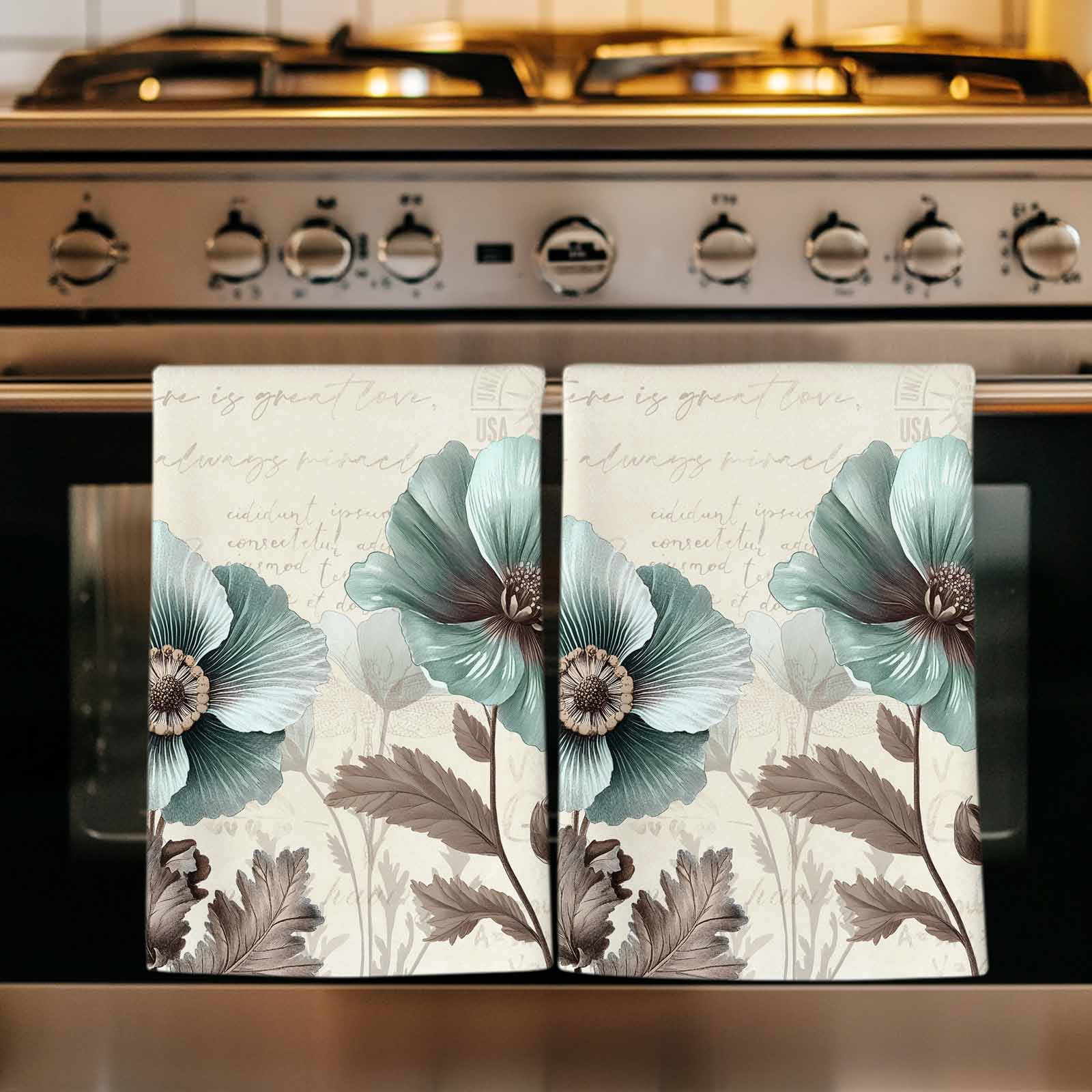 Blue Green Floral Kitchen Towels Set of 1, Spring Summer Mallow Flowers ...