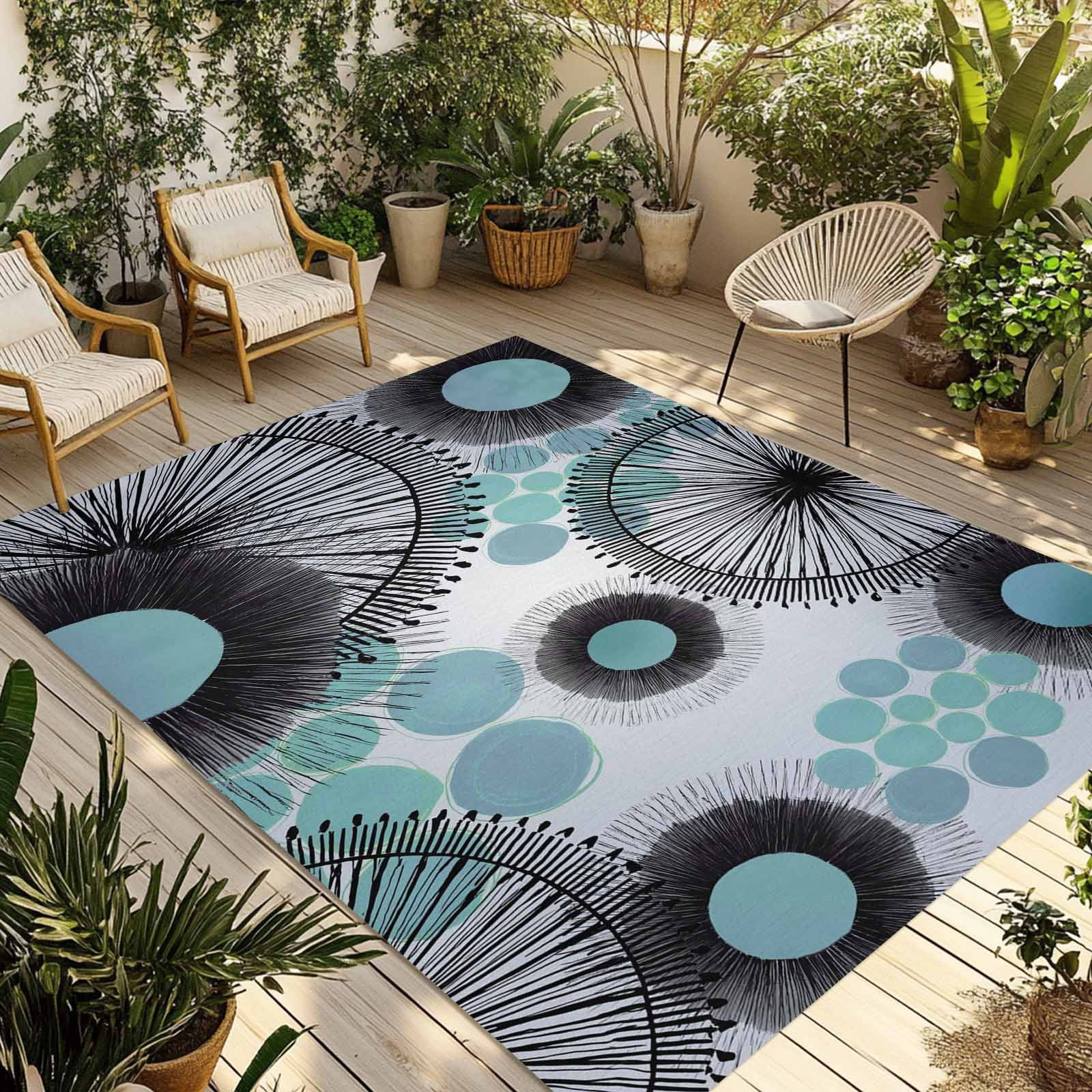 Blue Green Floral Outdoor Rug, Boho Abstract Floral Teal Dot Wood Grain ...