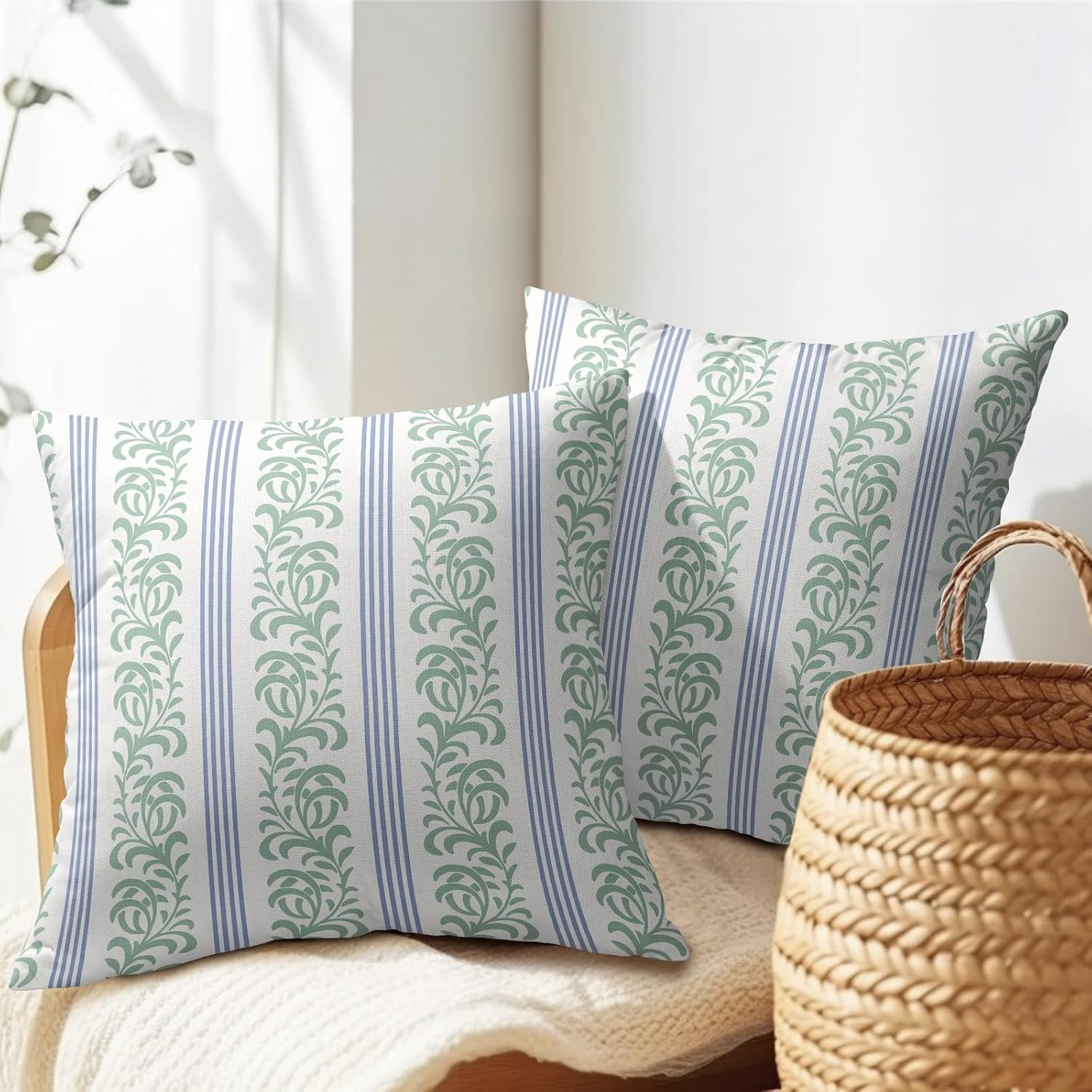 Blue Green Floral Pillow Cover 16x16 Set of 2 Spring Vitage Flower ...