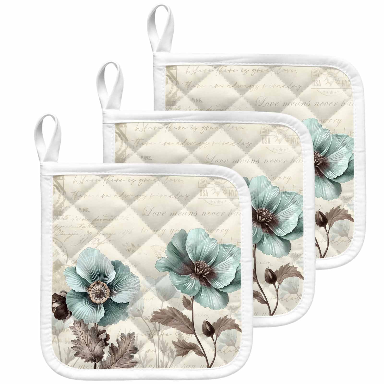 Blue Green Floral Pot Holders for Kitchen Heatproof Potholder, 3 Pack ...