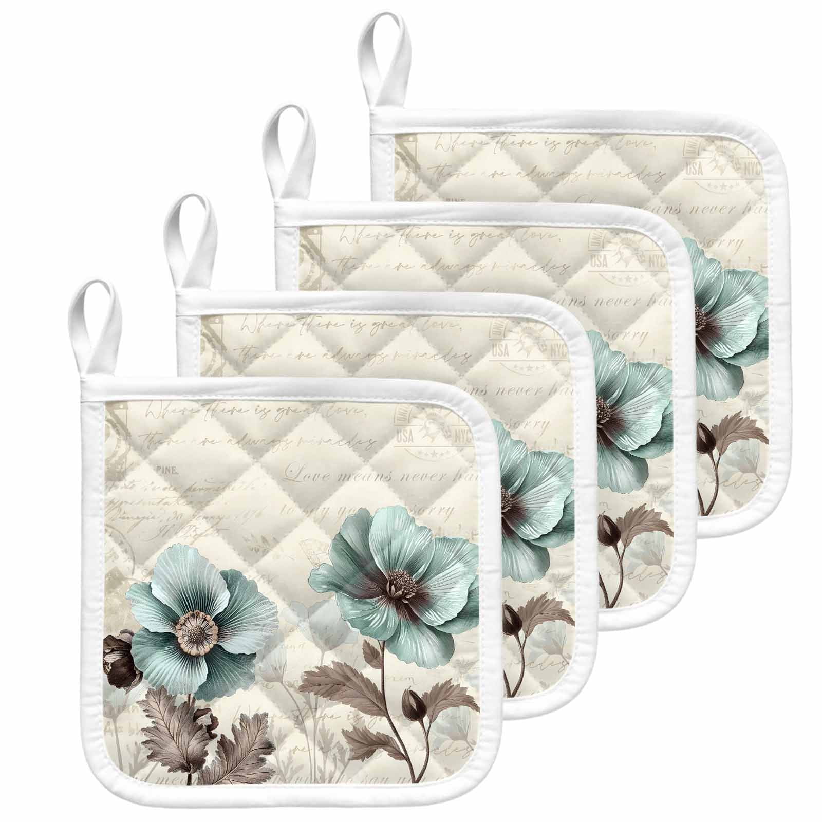 Blue Green Floral Pot Holders for Kitchen Heatproof Potholder, 4 Pack ...