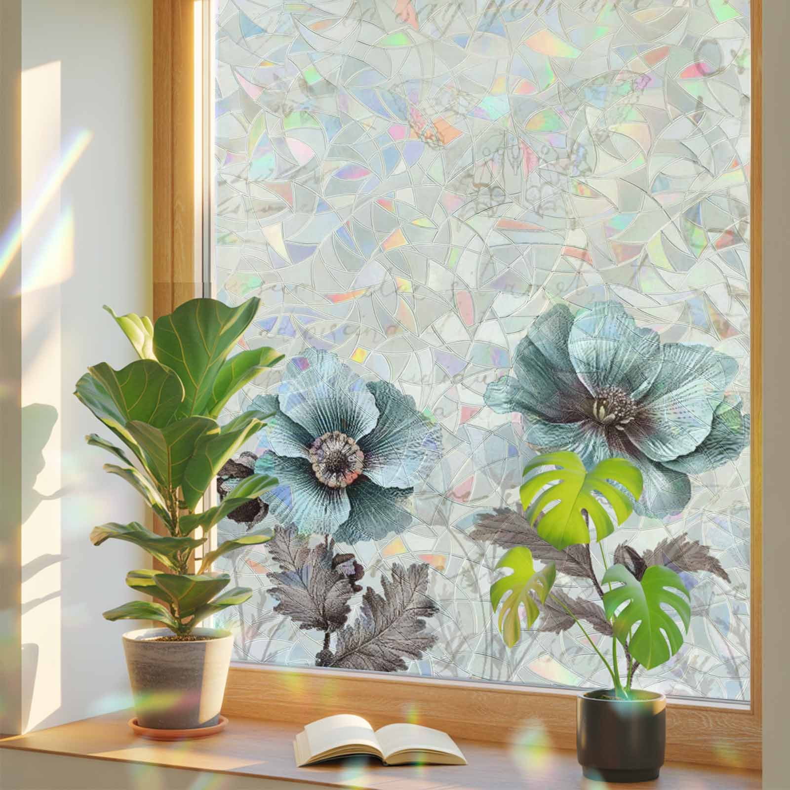 Blue Green Floral Privacy Window Film, Decorative Stained Glass Window ...