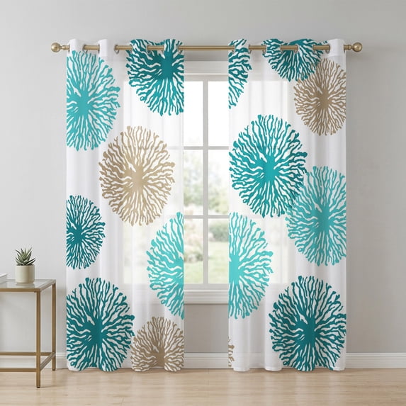 Blue Green Floral Sheer Curtains 63 Inch Long 2 Panels, Modern Blue ...