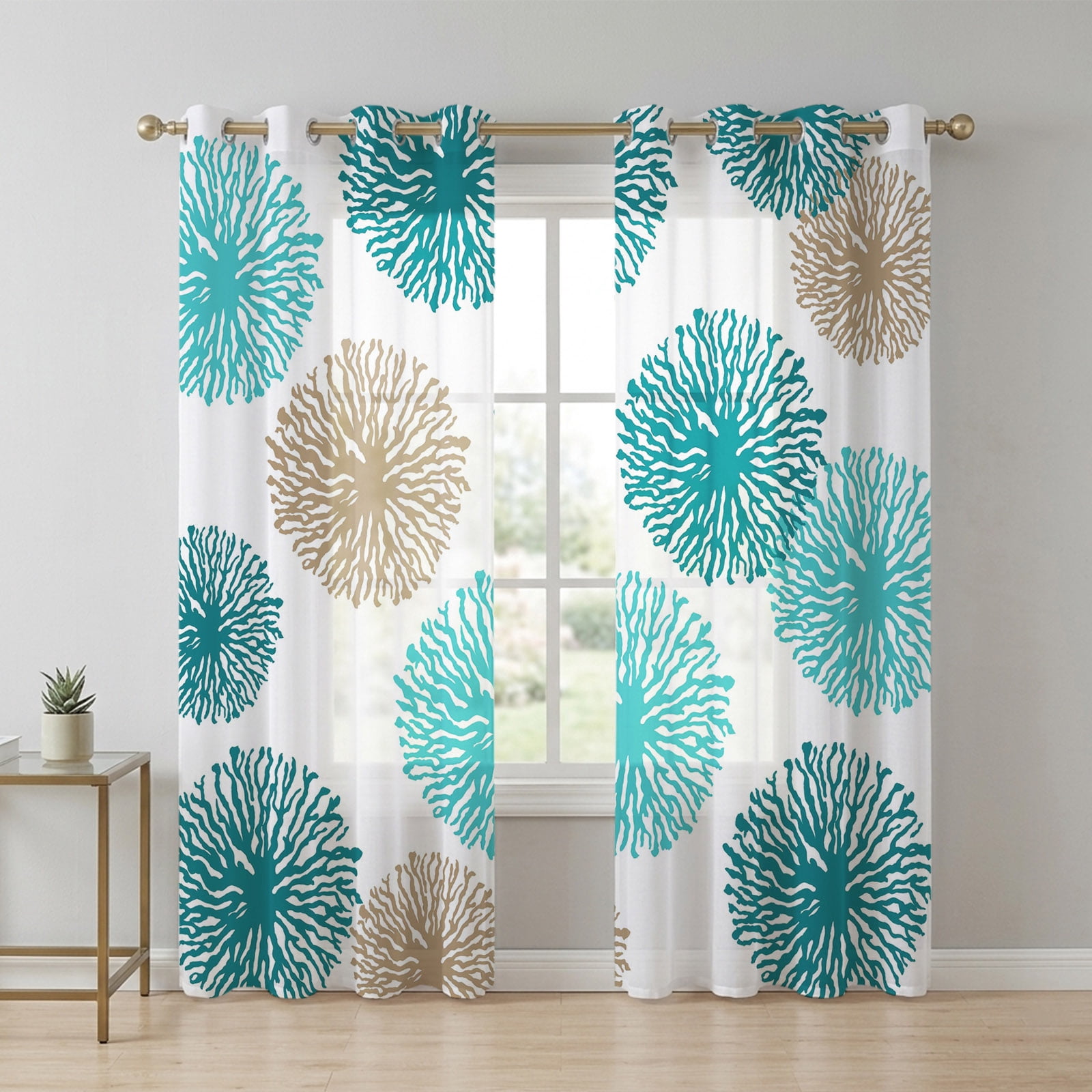 Blue Green Floral Sheer Curtains 90 Inch Long 2 Panels, Modern Blue ...