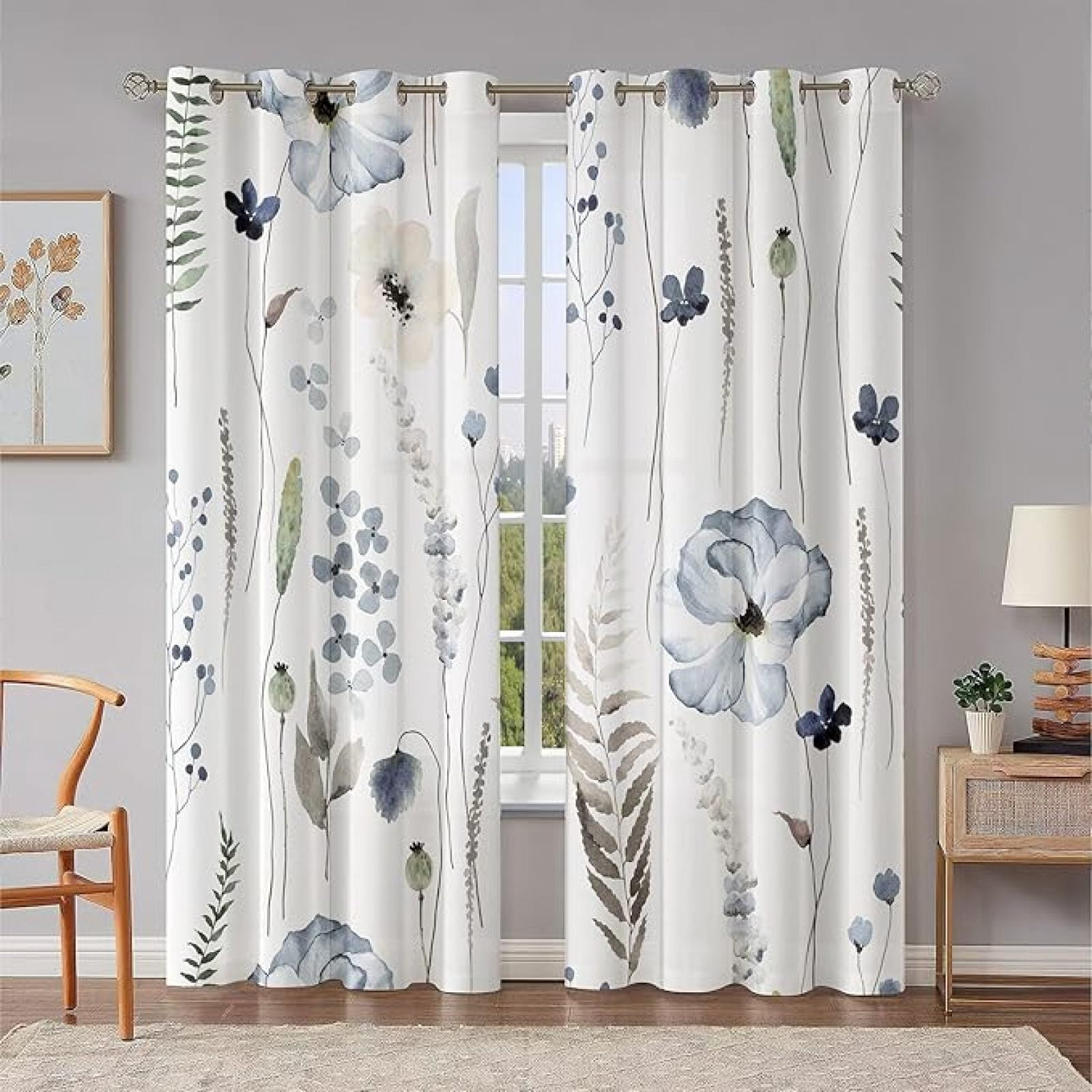 Blue And Green Floral Sheer Curtains, Watercolor Plants Leaves Window ...