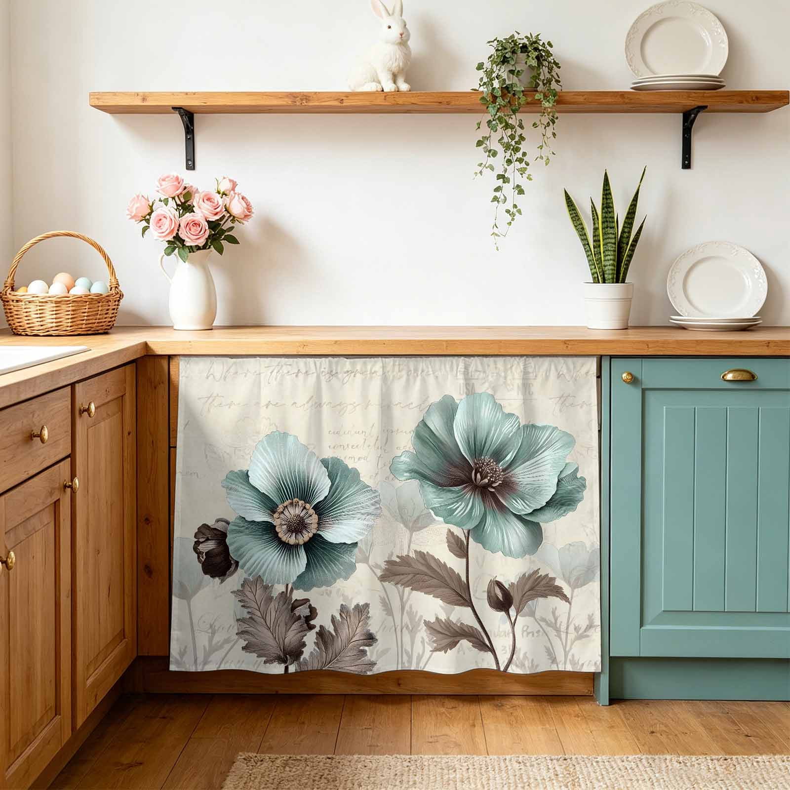 Blue Green Floral Small Sink Skirt 10"Wx11"L,Dustproof Under Sink ...