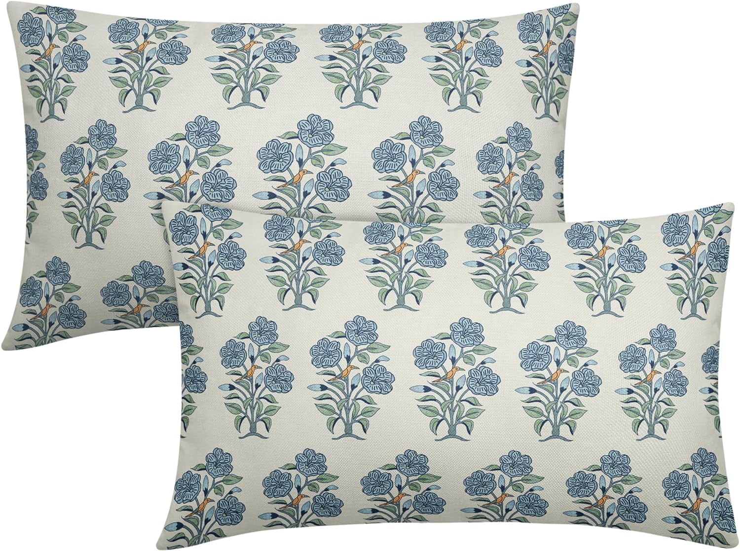 Blue Green Floral Throw Pillow Covers 12x20 Chinoiserie Flowers Leaves ...