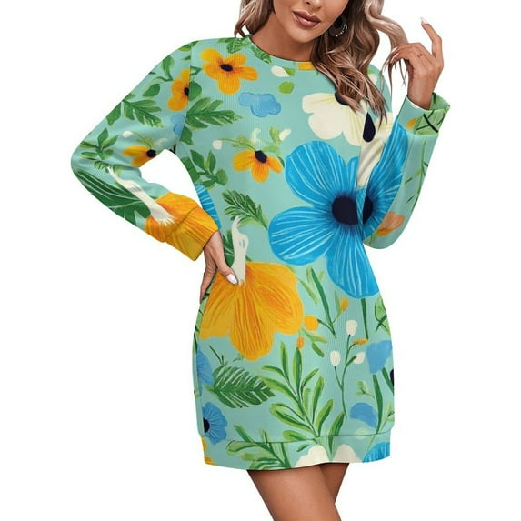Blue Green Floral Vibrant Summer Print Women Elegant Long Sleeve Warm ...
