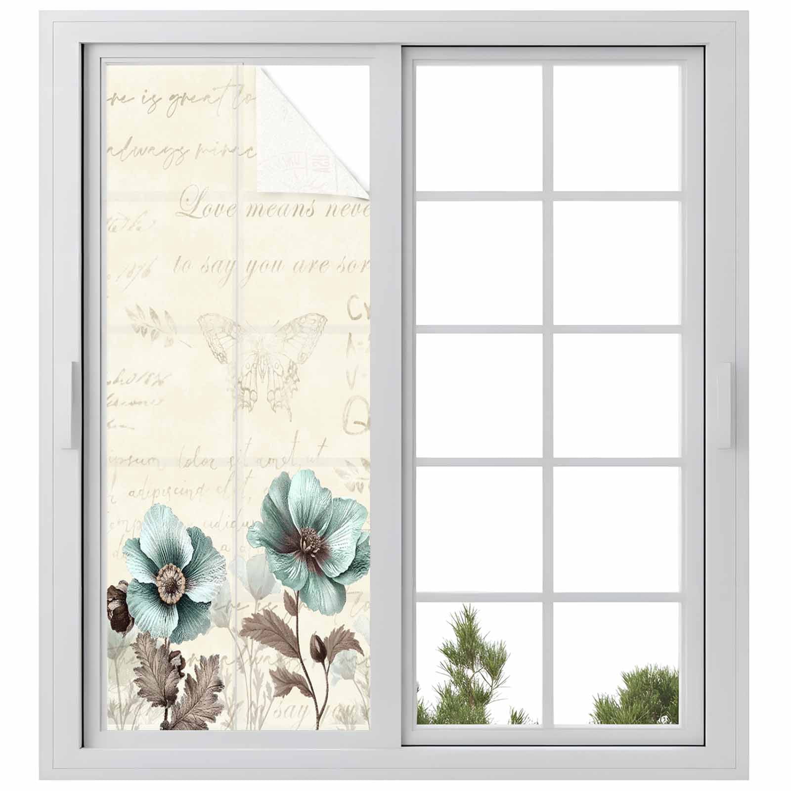 Blue Green Floral Window Privacy Film, Spring Summer Mallow Flowers ...
