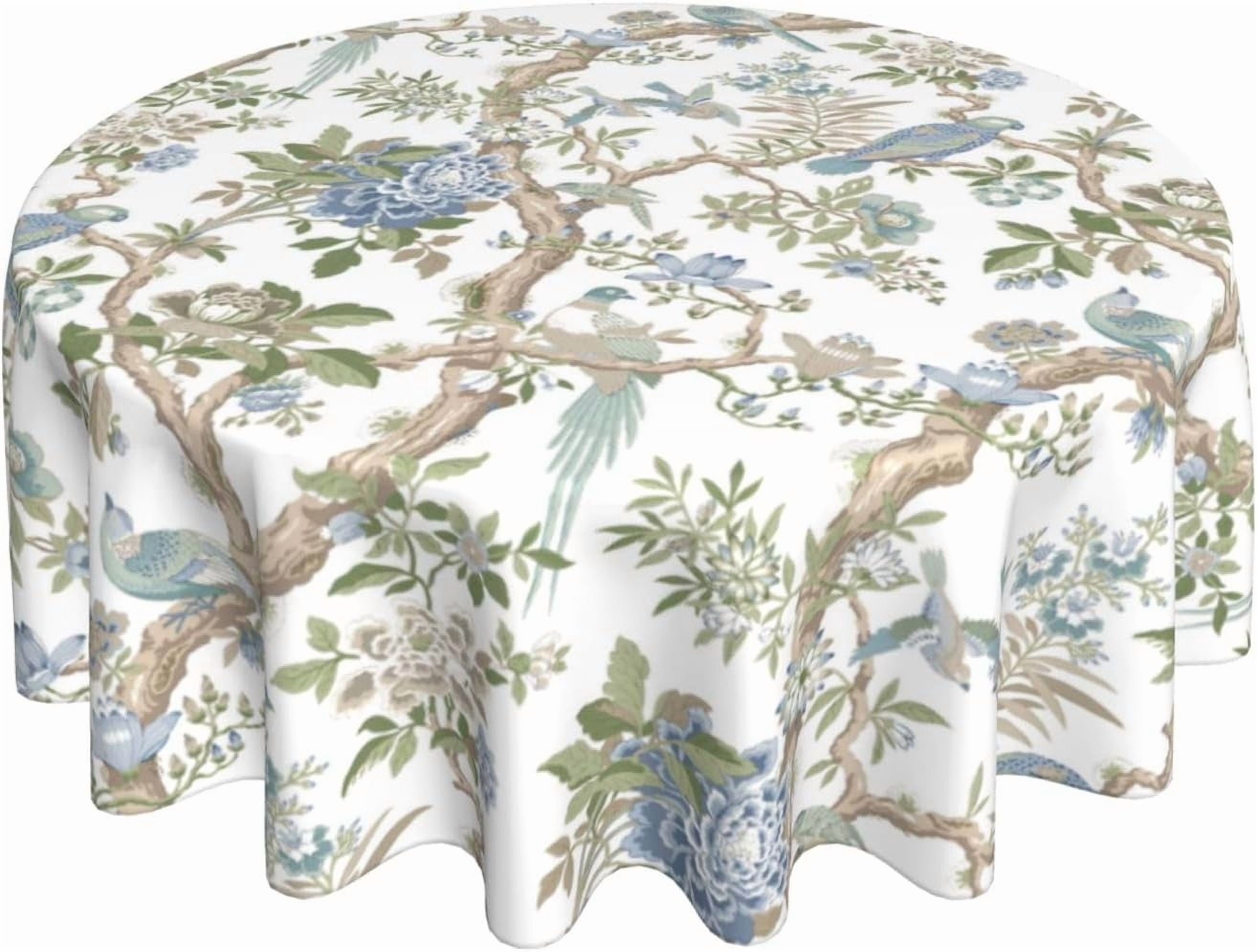 Blue Green Flower Bird Tablecloth 70 Inch Round Chinoiserie Floral ...