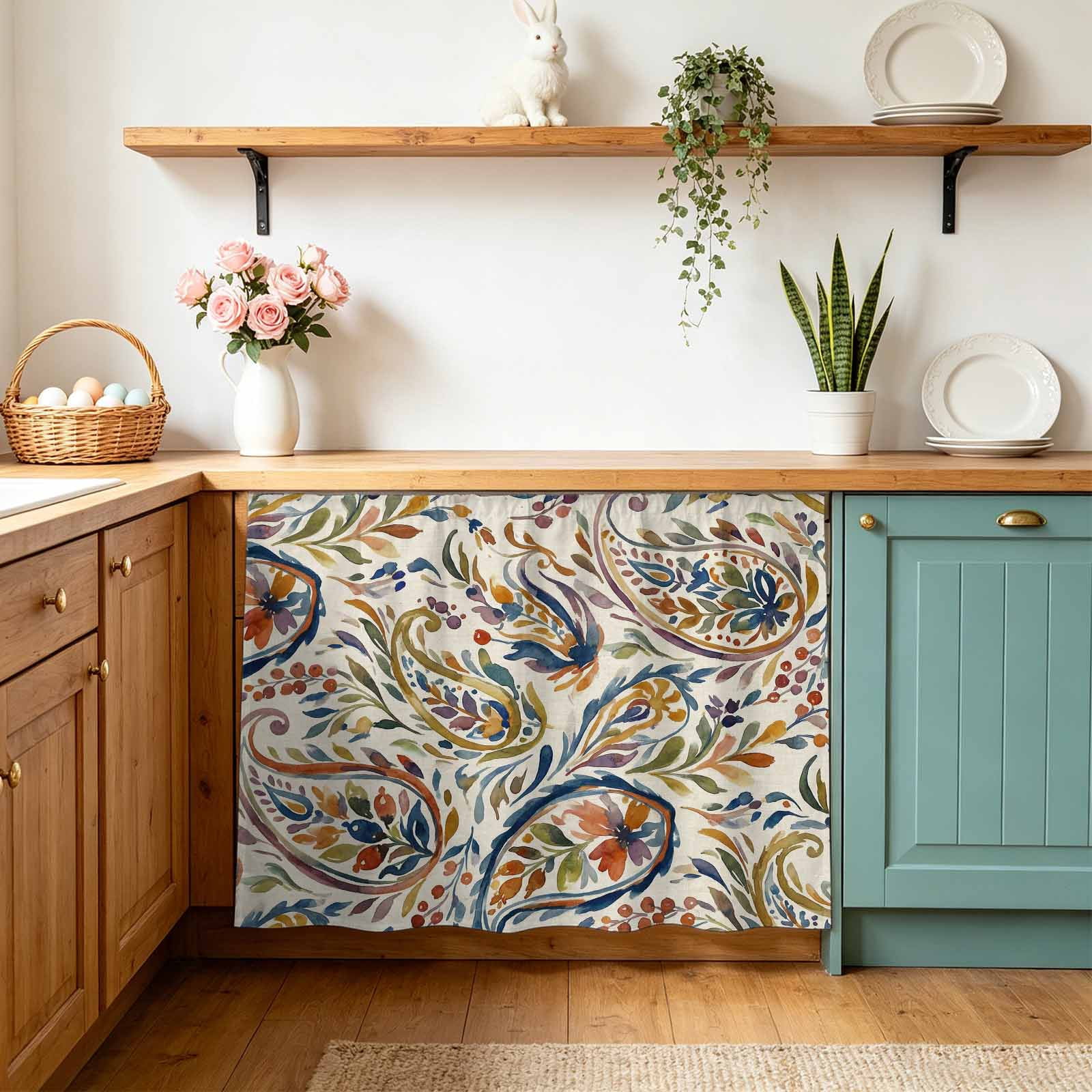 Blue Green Flower Cabinet Curtains 10" W x 11" L Watercolor Abstract ...