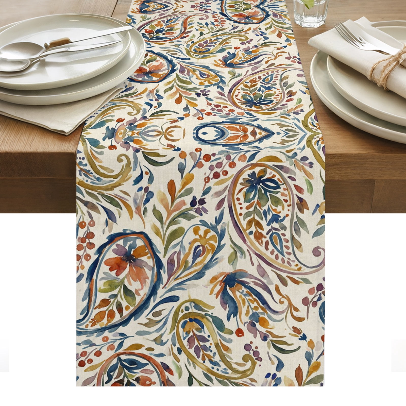 Blue Green Flower Cotton Linen Table Runner Watercolor Abstract Paisley ...