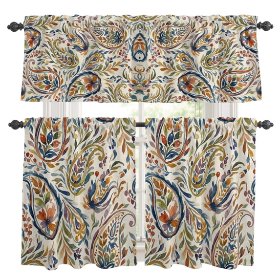 Blue Green Flower Kitchen Curtains Set for Windows, Watercolor Abstract ...