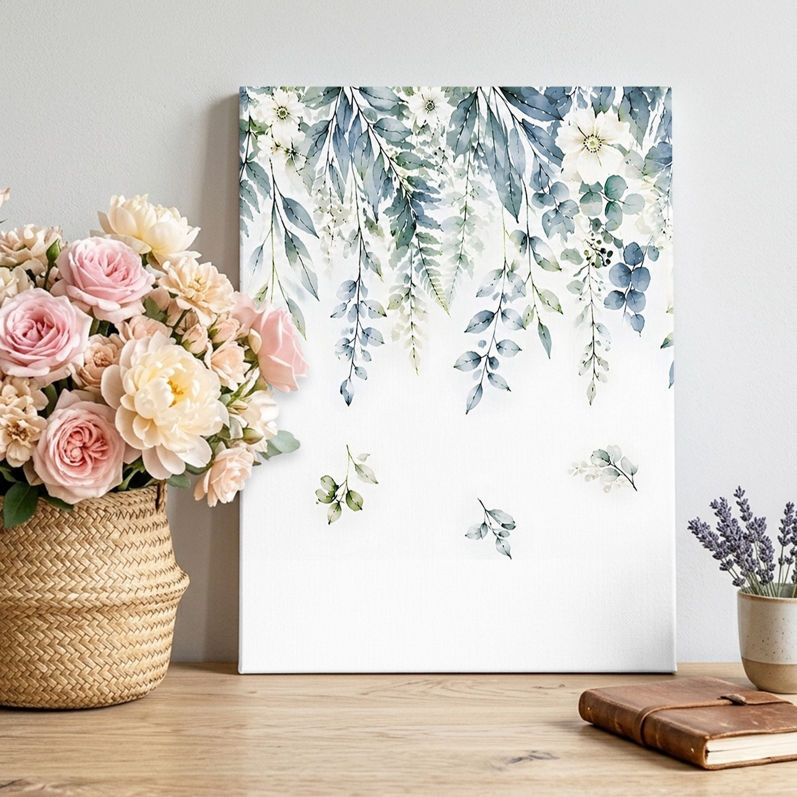 Blue Green Flower Leaf Canvas Wall Art for Living Room, Rustic ...